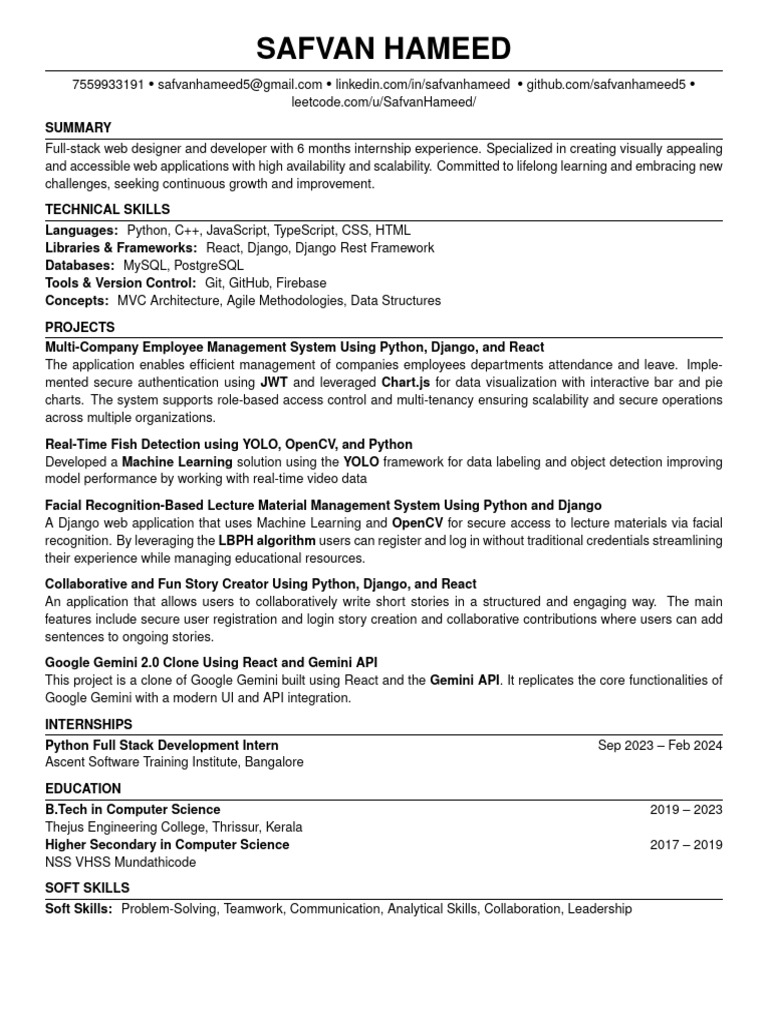 Safvan Hameed - Full Stack Resume | PDF | Python (Programming Language) | Web Application