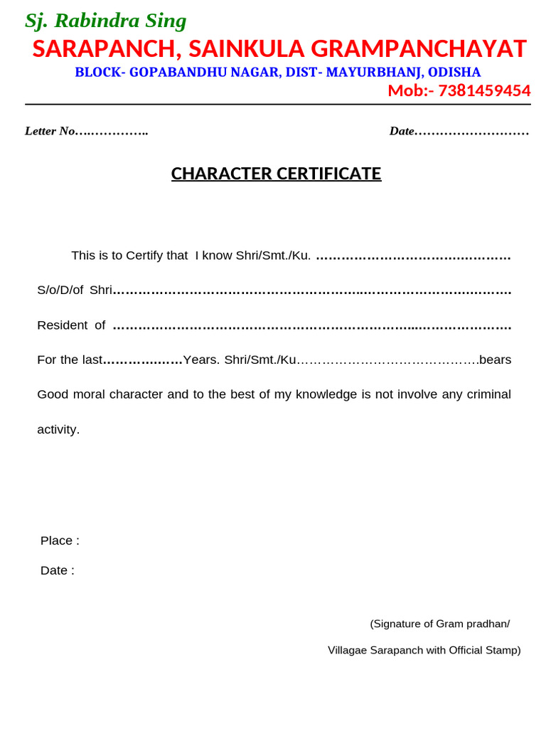 Sarpanch Character Certificate | PDF