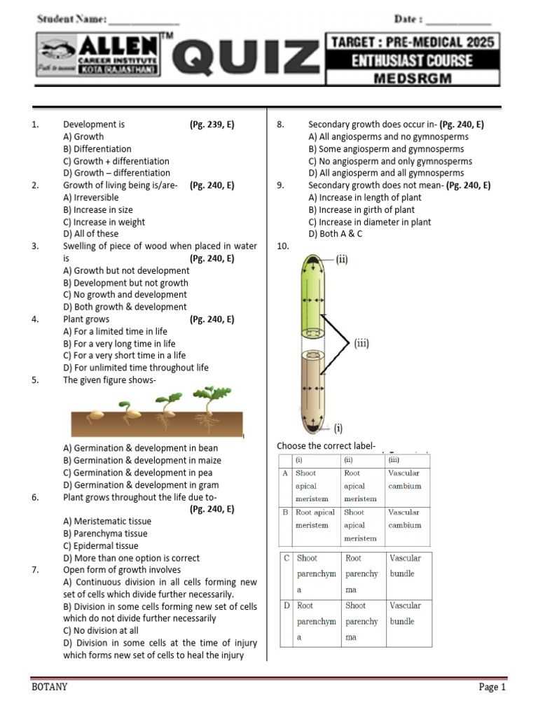 Plant Growth & Development Quiz | PDF | Auxin | Plant Hormone
