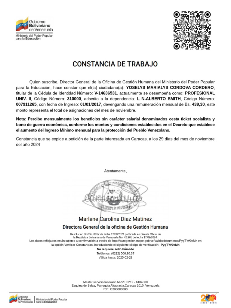 Constancia De Trabajo Del Ministerio De Educacion