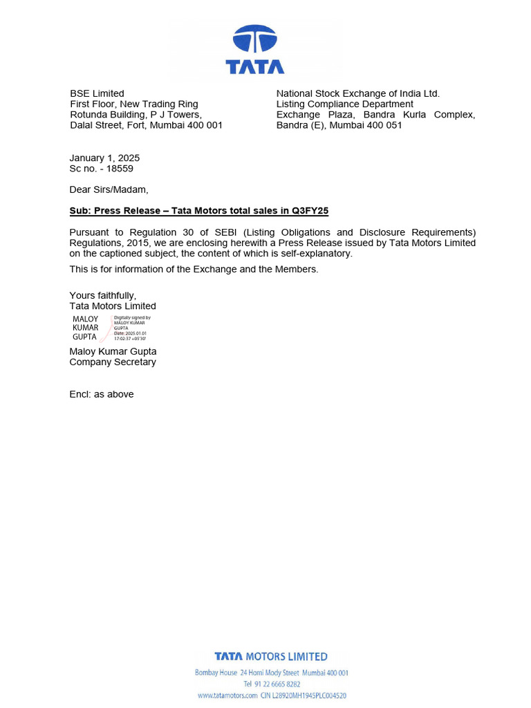Sub: Press Release - Tata Motors Total Sales in Q3FY25: Maloy Kumar ...