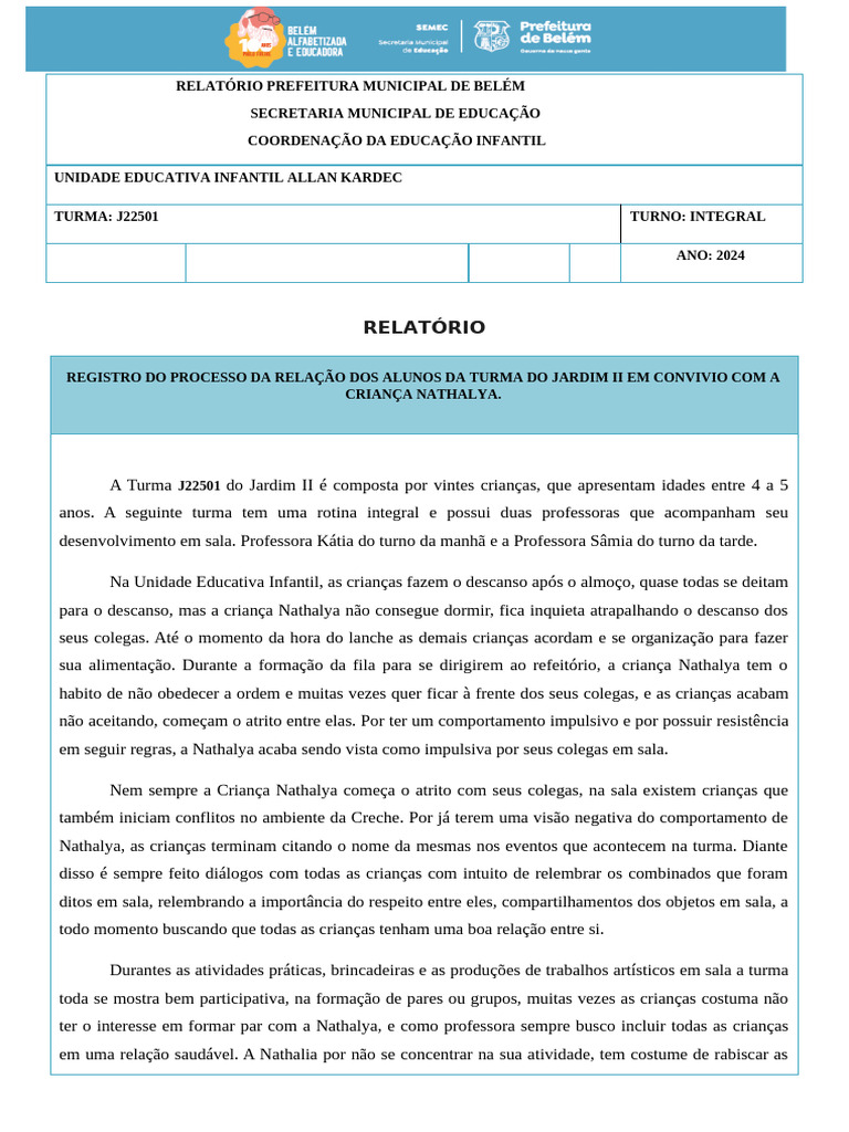 Relatorio Jardim 2, Uei Allan Kardec Katia e Samia. | PDF