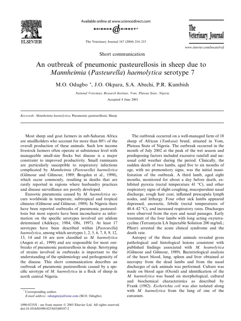 An Outbreak of Pneumonic Pasteurellosis | PDF | Pneumonia | Sheep
