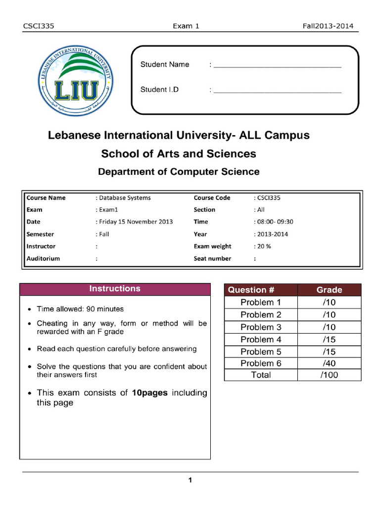 Sample Exam - With Solution (LIU) | PDF