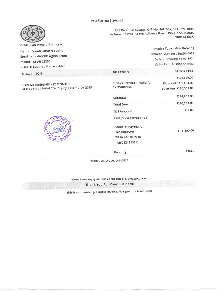 Gym Receipt | PDF