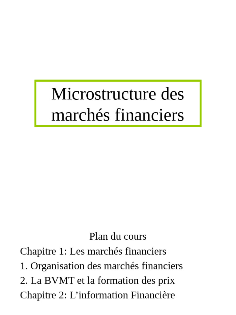 Microstructure des Marchés Financiers | PDF | Bourse des valeurs ...