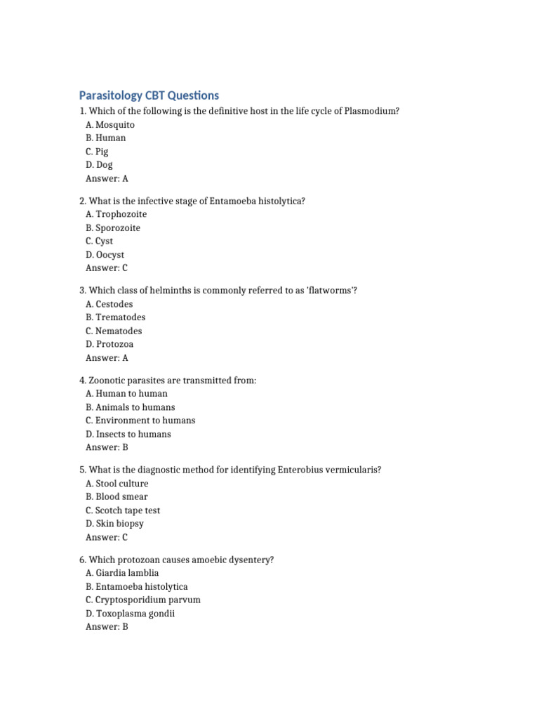 Parasitology CBT Questions | PDF
