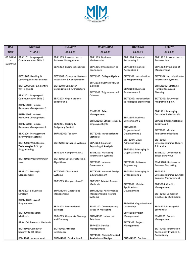 Mid Semester Exam Timetable AprilAugust 2021 Semester | PDF ...