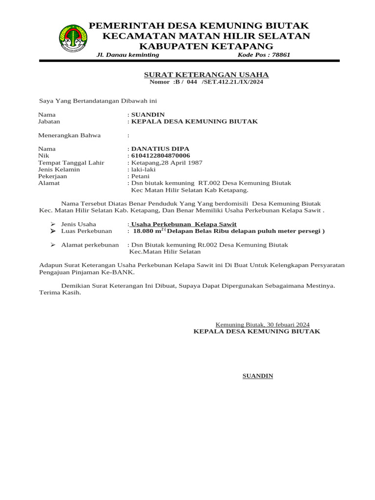 suma Surat Keterangan Usaha dipa | PDF