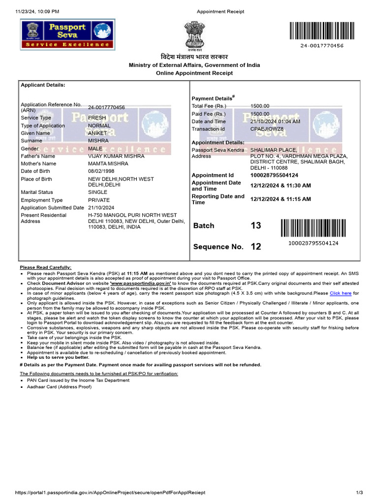 Appointment Receipt Passport | PDF | Identity Document | Birth Certificate