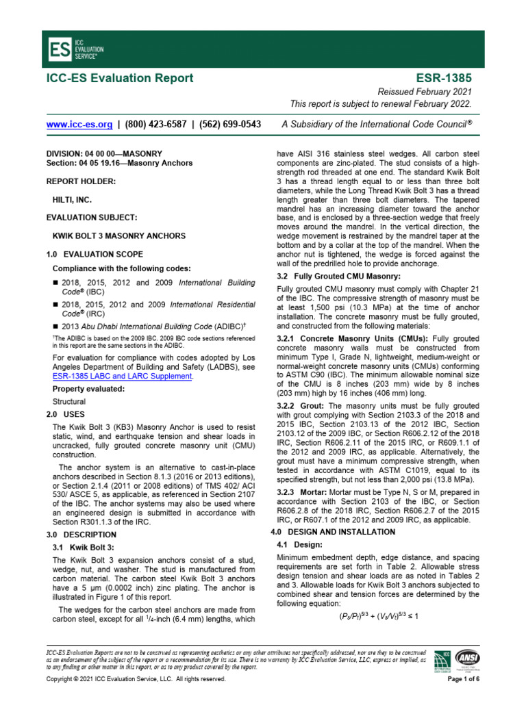 Esr-1385 - 2021 | PDF | Screw | Concrete