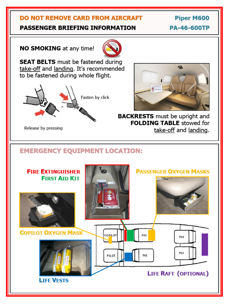 SAFETY BRIEFING CARD - M600 | PDF | Seat Belt | Aviation