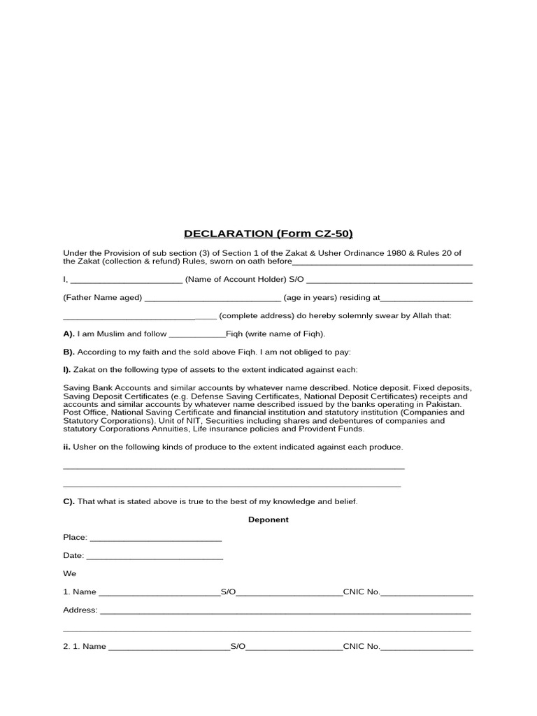 DECLARATION (Form CZ-50) Bank | PDF | Oath | Deposition (Law)