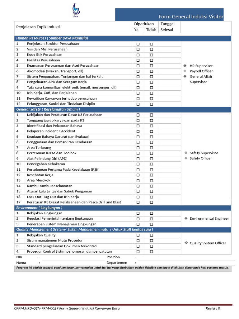 SI-03.HRD-GEN-FRM-0003 Form General Induksi DTKB VISITOR | PDF