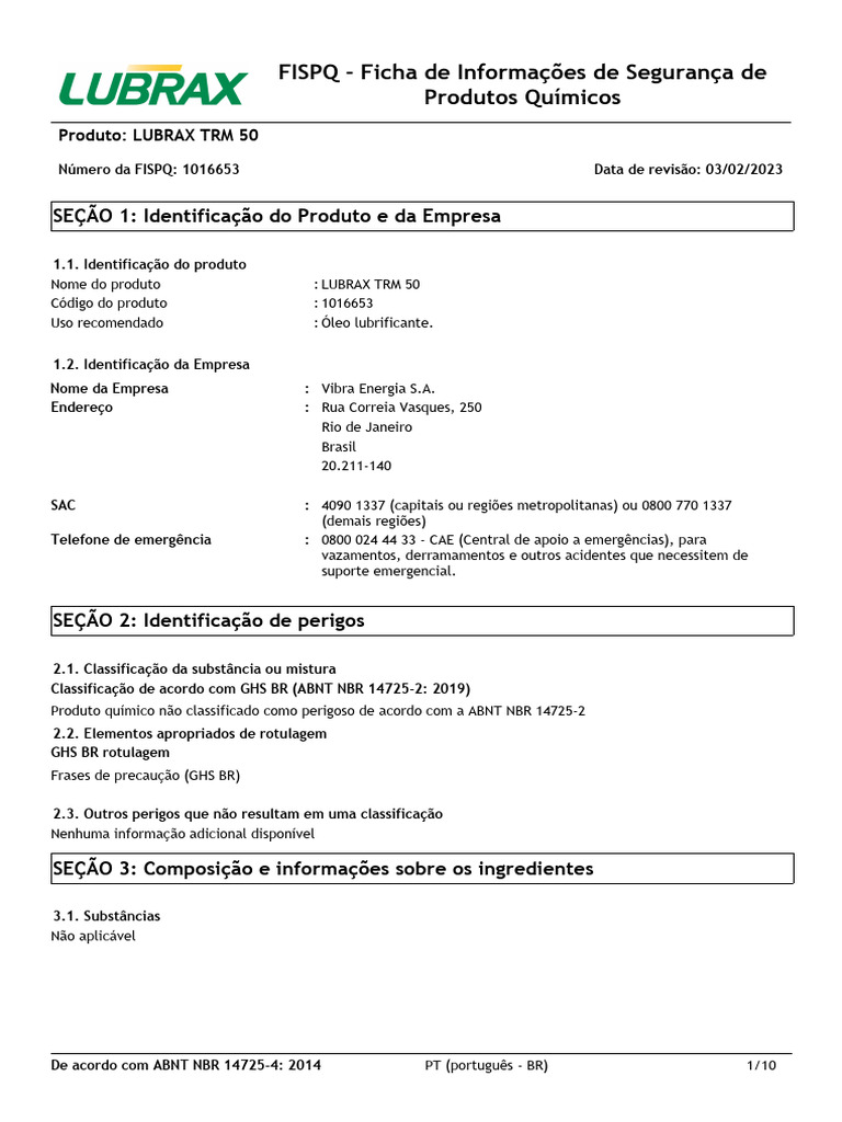 12 - FISPQ - FDS - Óleo Lubrificante - TRM 40 E 50 (Petrobras) | PDF | Desperdício | Brasil