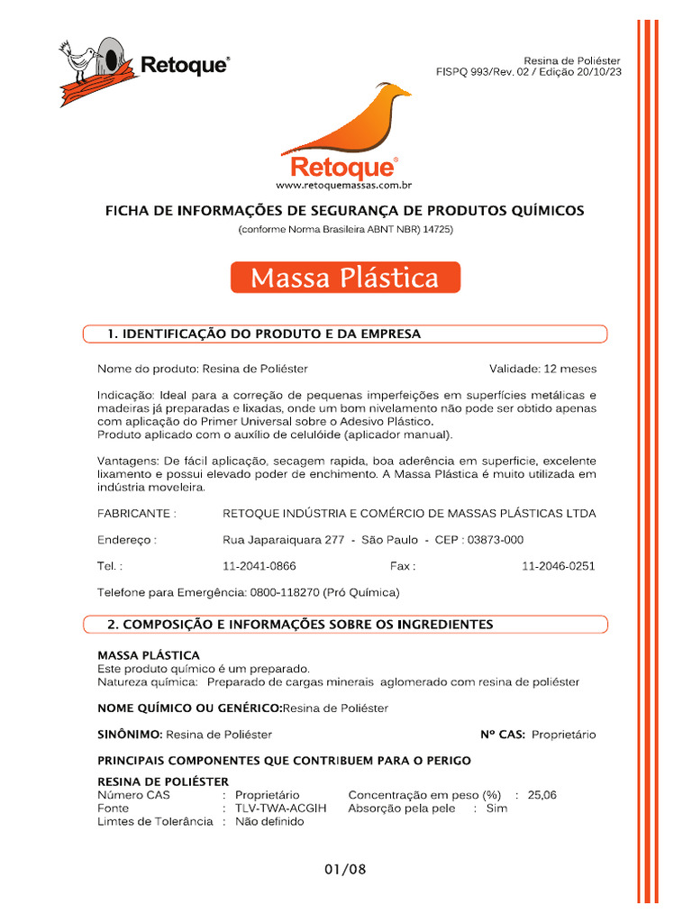 22 - FISPQ - Fds - Massa Plástica - (Retoque) | PDF