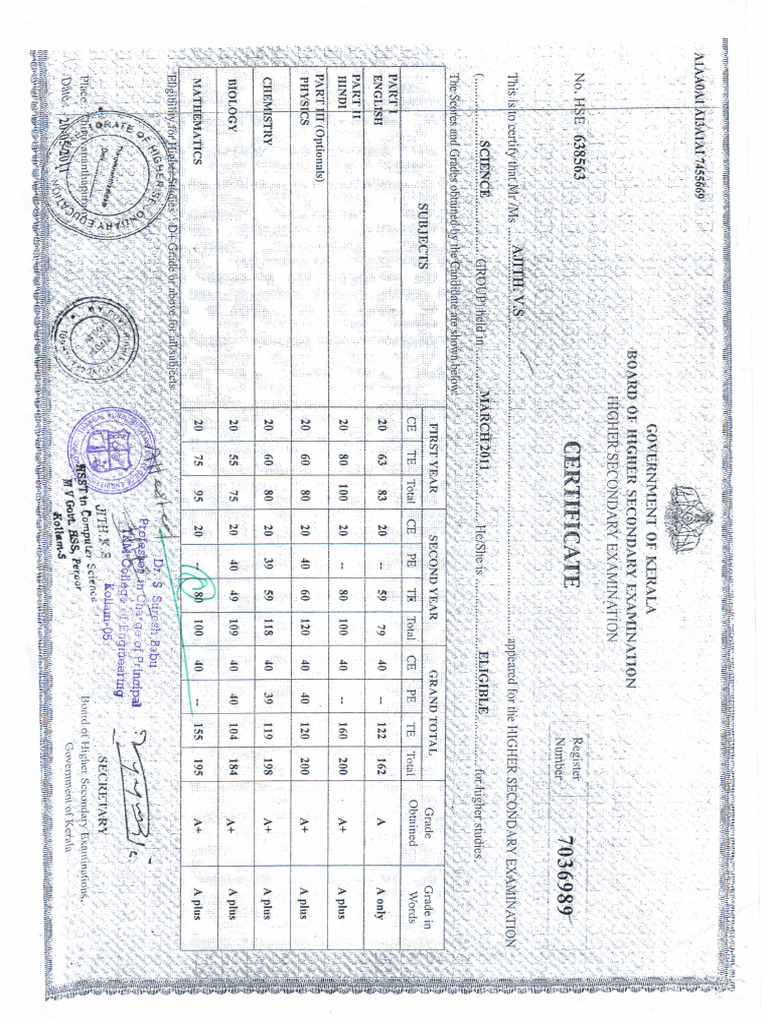 +2 Marklist - Ajith V S | PDF