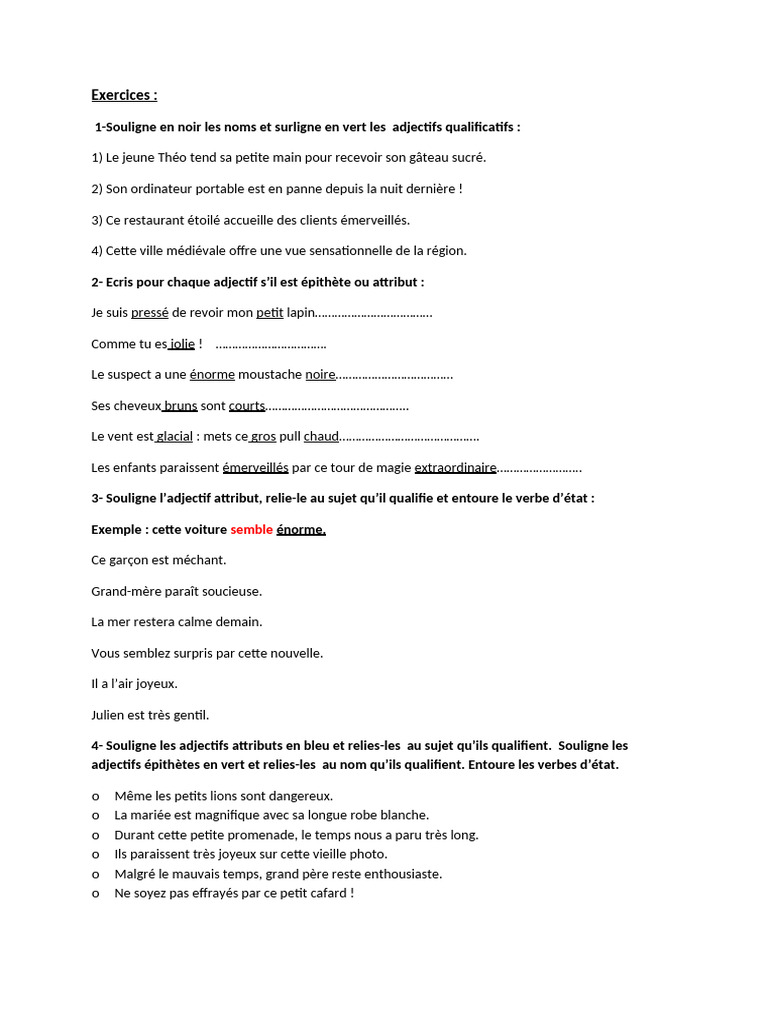 Exercices sur les adjectifs qualificatifs | PDF