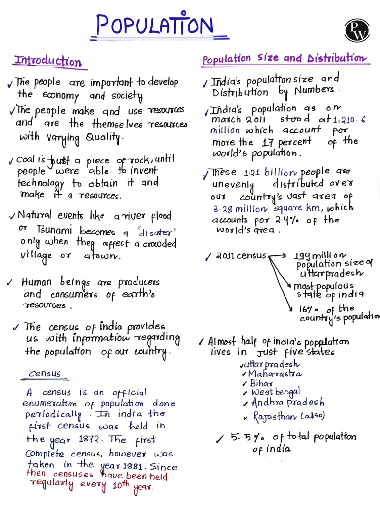 Geography - Population - Handwritten Notes - Champion Batch | PDF