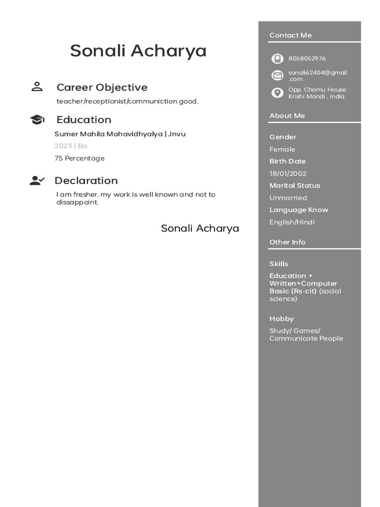 Sonali Acharya: Career Objective Education | PDF