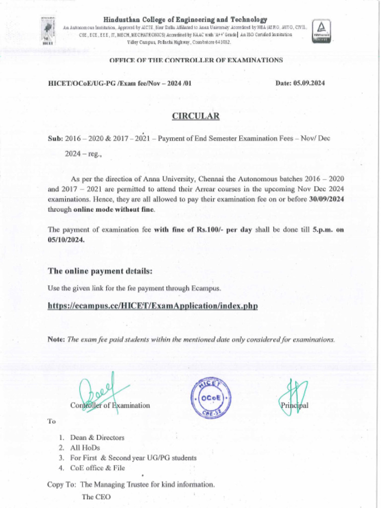 UG - PG -PAYMENT OF ESE EXAM FEES CIRCULAR-NOV-DEC | PDF