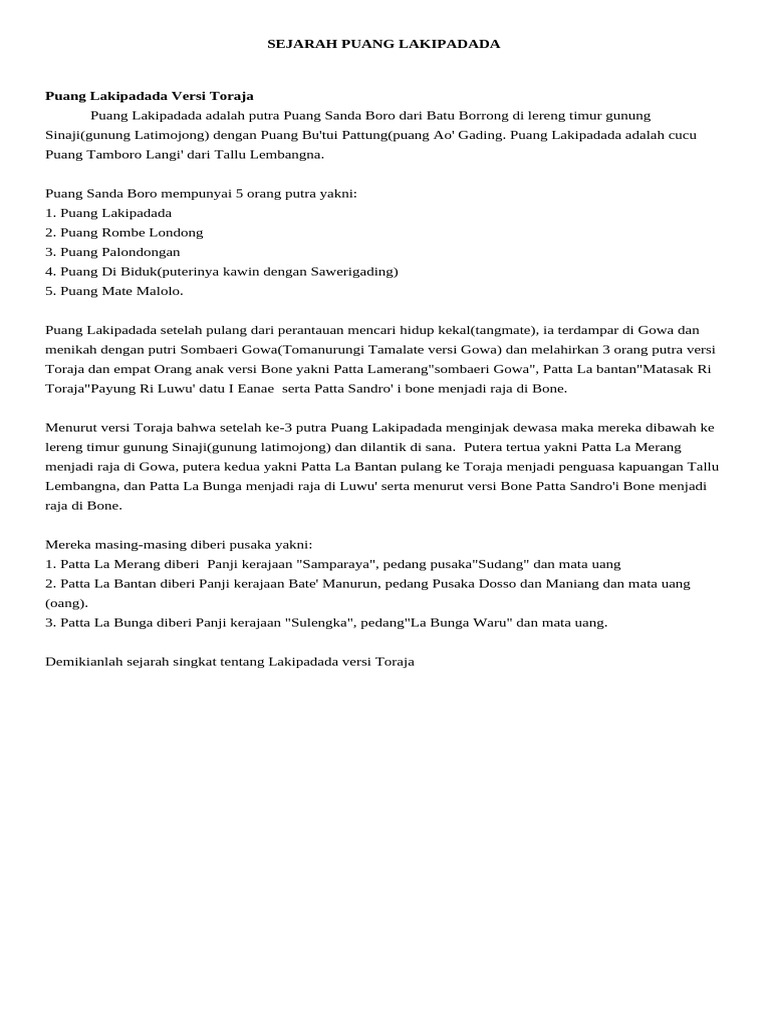 Sejarah Puang Lakipadada Toraja | PDF