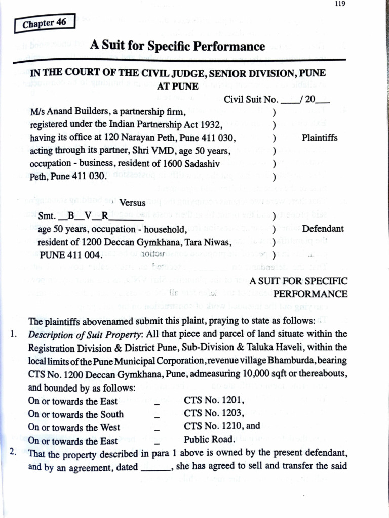 Suit For Specific Performance | PDF | Lawsuit | Civil Law (Legal System)