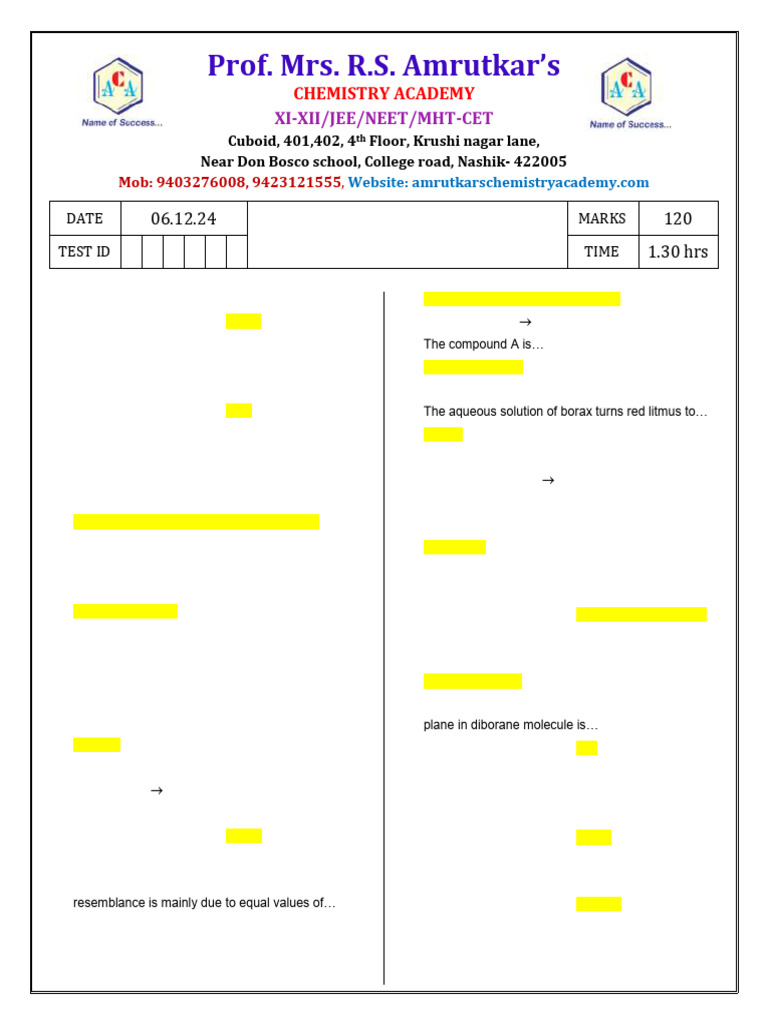 P-Block (G-13) Set - A 06.12.24 Answer Key | PDF | Aluminium | Hydroxide