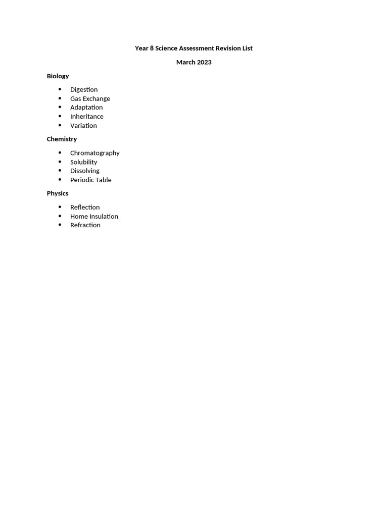 Year 8 Science Revision Topics List | PDF