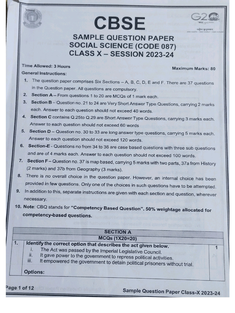 GRADE 1O- SOCIAL SAMPLE PAPER 23-24 (1) | PDF