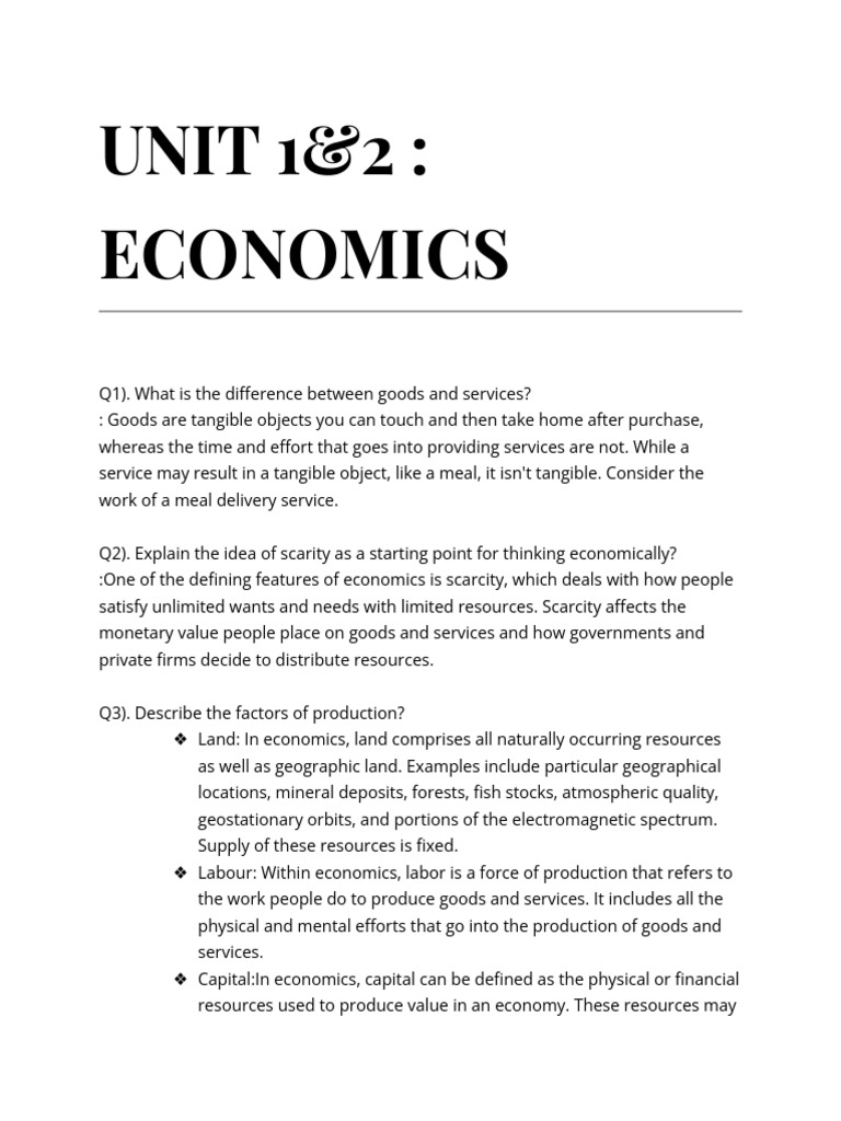 UNIT 1&2 _ ECONOMICS | PDF | Supply (Economics) | Supply And Demand