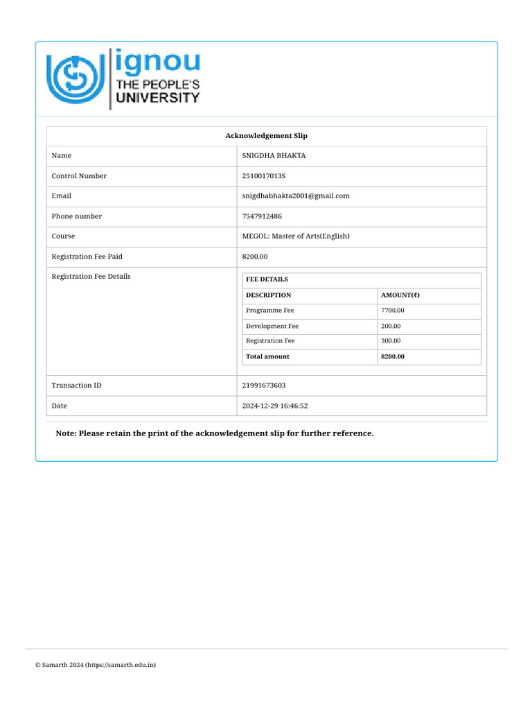 IGNOU Payment Receipt | PDF