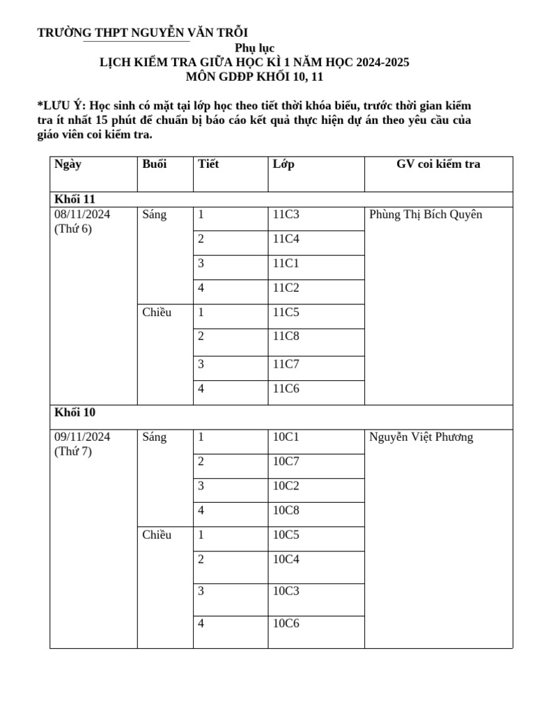LỊCH KIỂM TRA GIUA HK1-NH 24-25 (MON GDĐP) | PDF