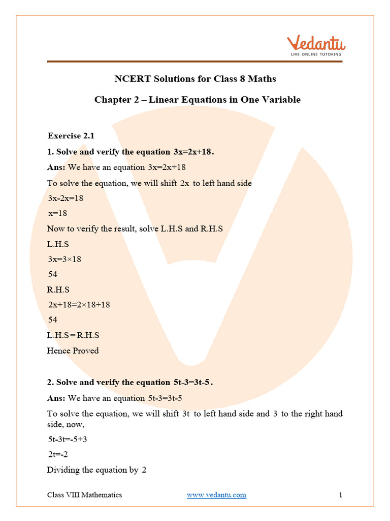 NCERT Solutions for Class 8 Maths Chapter 2 Exercise 2.1_ Linear Equations in One Variable | PDF ...