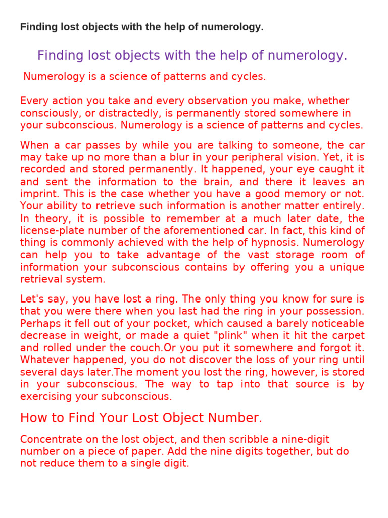 Numerology for Finding Lost Objects | PDF | Information