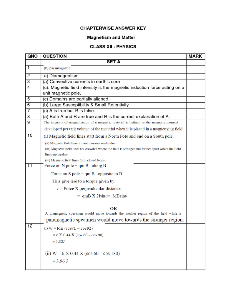 Chapterwise Answer Key: Magnetism XII | PDF
