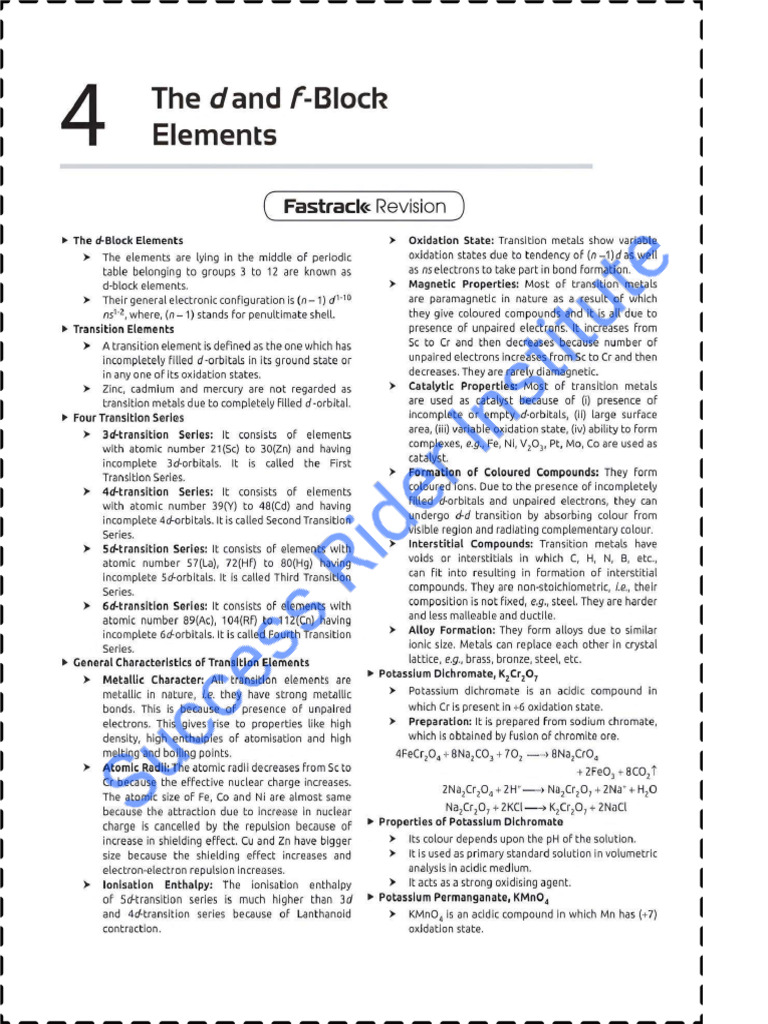 12th Chemistry ( f and d Block Elements) IMP Questions and PYQ | PDF