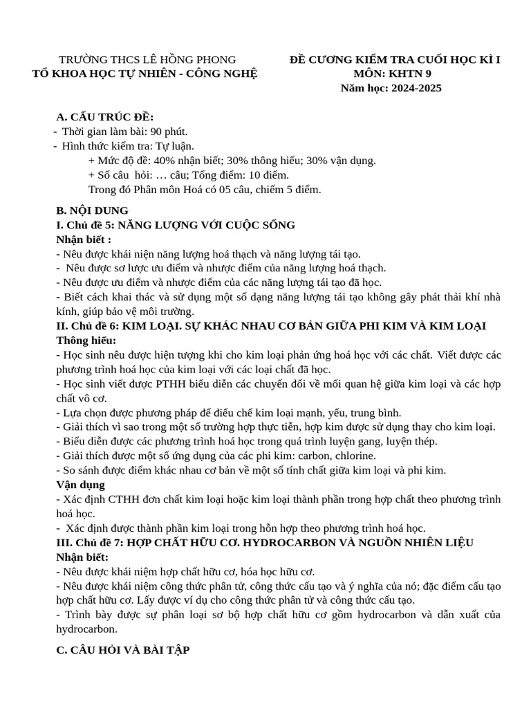 2024-2025 - de Cuong Kiem Tra Cuoi HK 1 - KHTN - 9 (Hoa Hoc) | PDF