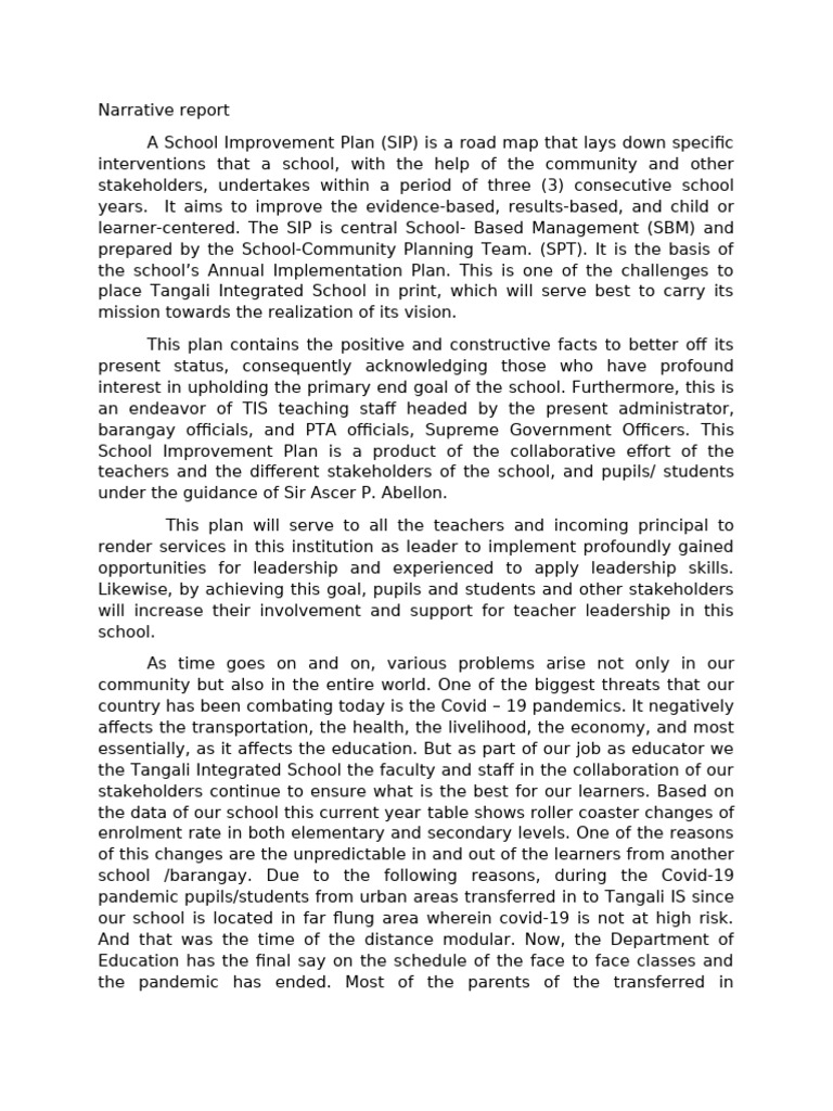Narrative Report For SIP | PDF | Teachers | Leadership