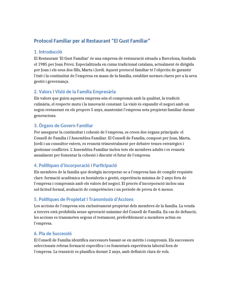 Protocol Familiar Restaurant El Gust Familiar | PDF