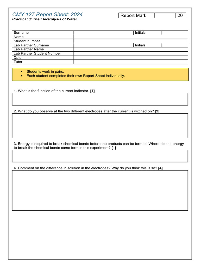 CMY127 REPORT SHEET Electrolysis Practical 3 (AlR Edit) | PDF