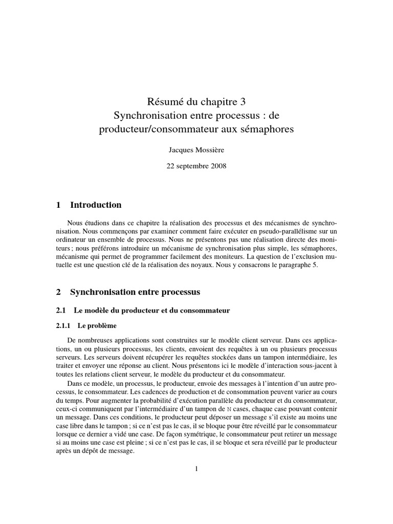 Résumé Du Chapitre 3 Synchronisation Entre Processus: de Producteur/consommateur Aux Sémaphores ...