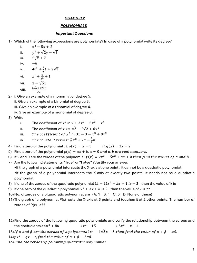 Polynomial Important Questions | PDF | Quadratic Equation | Polynomial