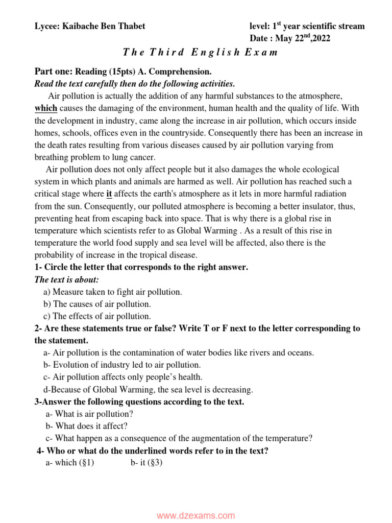 dzexams-1as-anglais-77427 | PDF | Atmosphere Of Earth | Pollution
