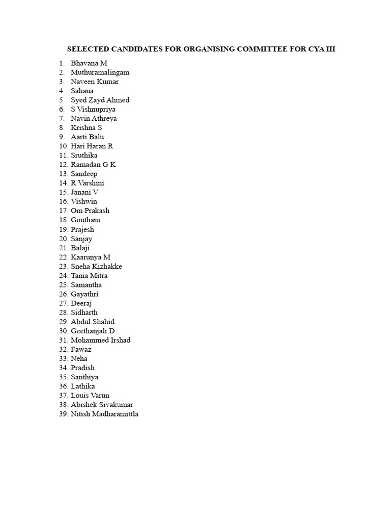 Selected Candidates For Organising Committee For Cya III | PDF