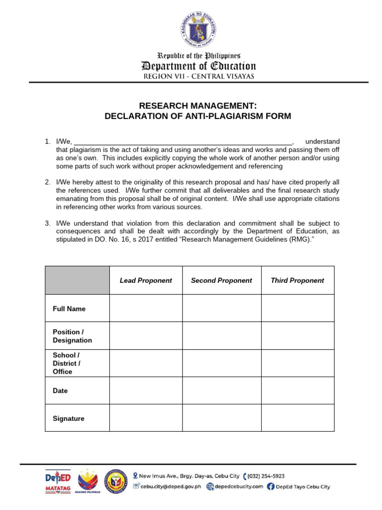 Anti-Plagiarism Declaration Form | PDF