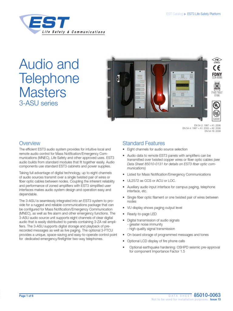 EST3 Audio Source Unit Overview | PDF | Telephone | Amplifier