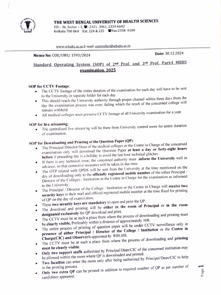 SOP of 2nd Prof. and 3rd Prof. Part-I MBBS Examination, 2025 | PDF