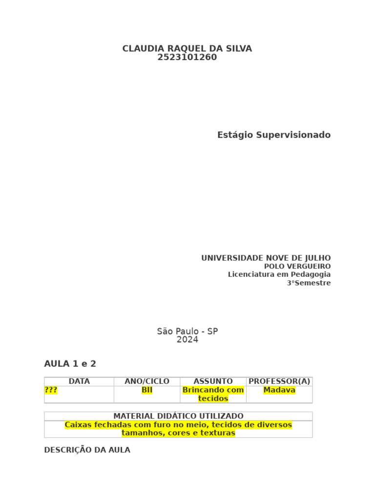 Modelo Relat Rio Est GioBRINCANDOCOMTECIDOS | PDF