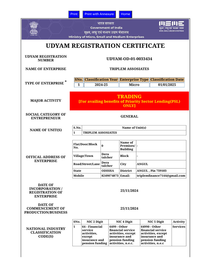 TRIPLEM ASSOSIATES Udyam Certificate | PDF
